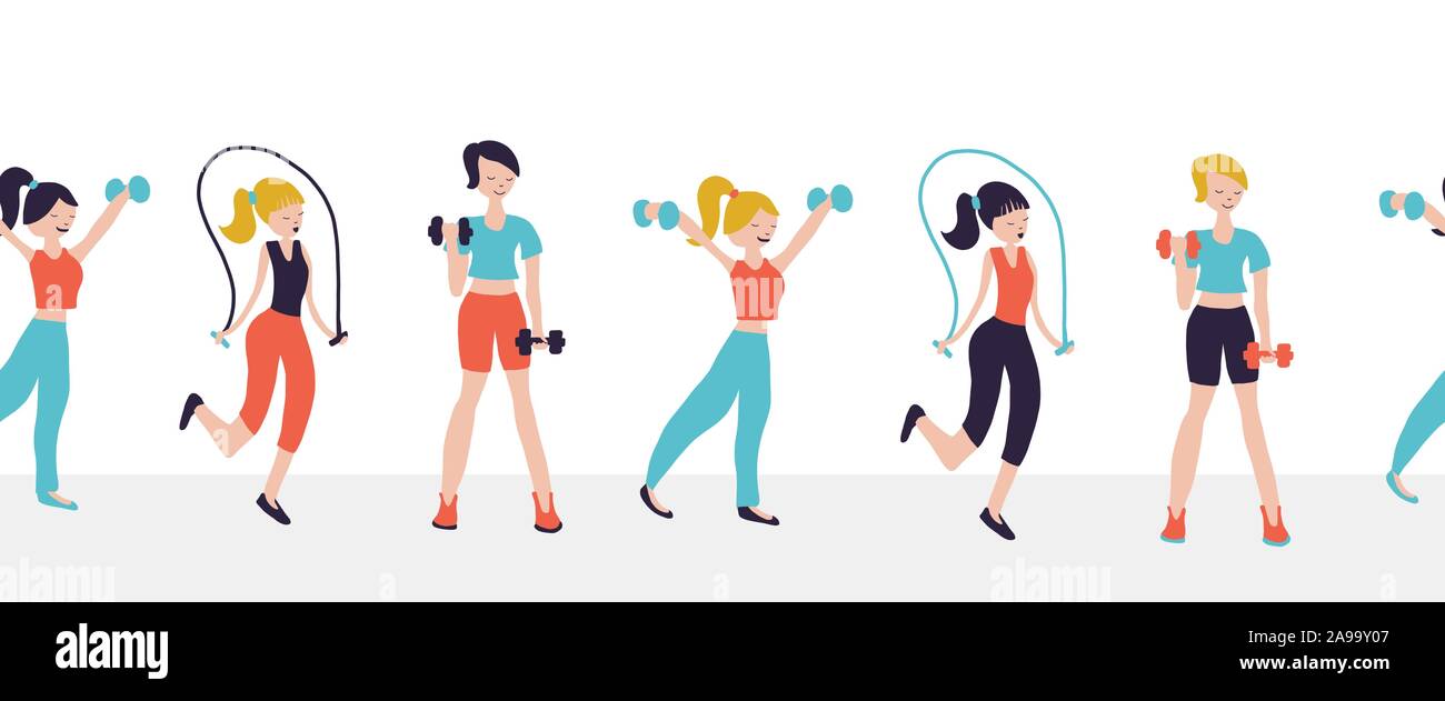 Women fitness workout exercises seamless vector border. Illustration ...