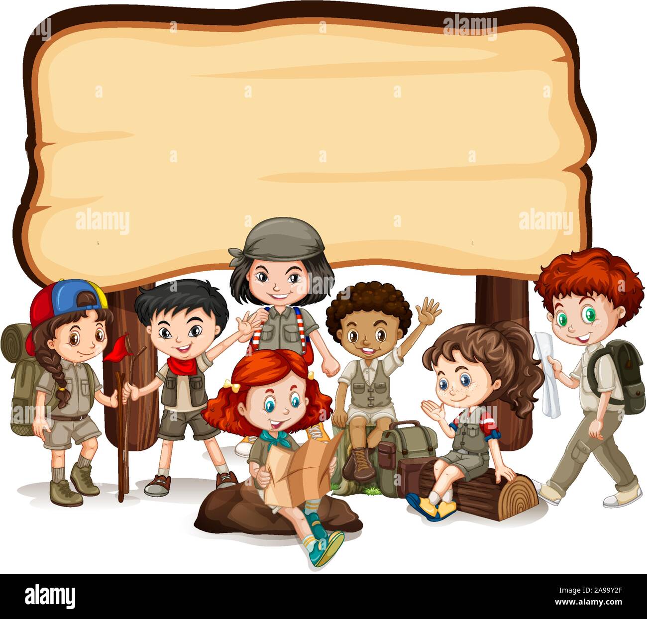 Blank sign template with kids and wooden sign illustration Stock Vector ...