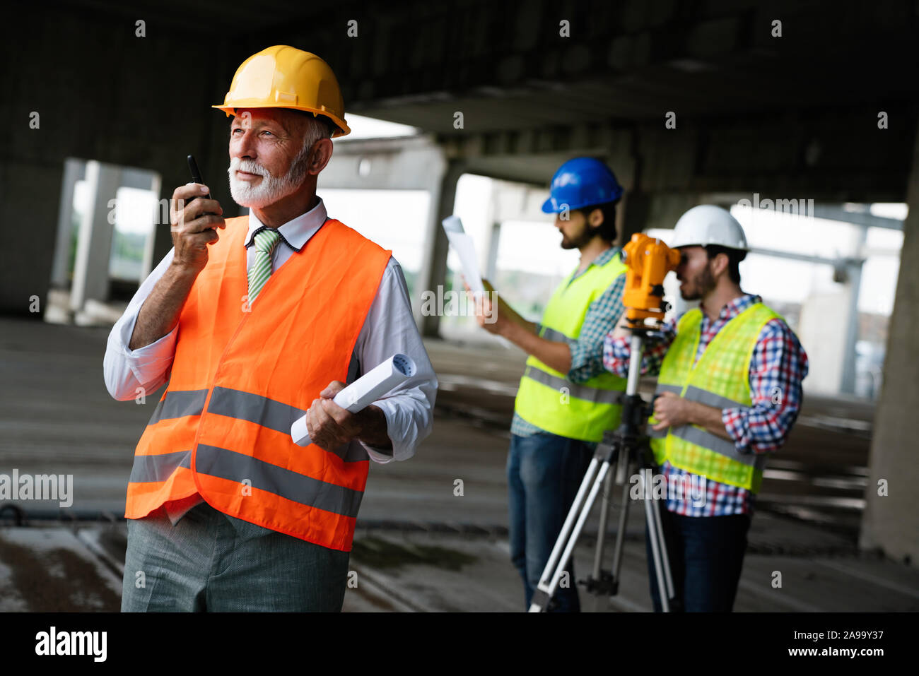 Confident team of architects and engineers working together on ...