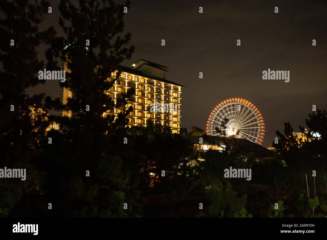Hotel and Ferris wheel at the Nagashima Spaland Resort at night Stock ...
