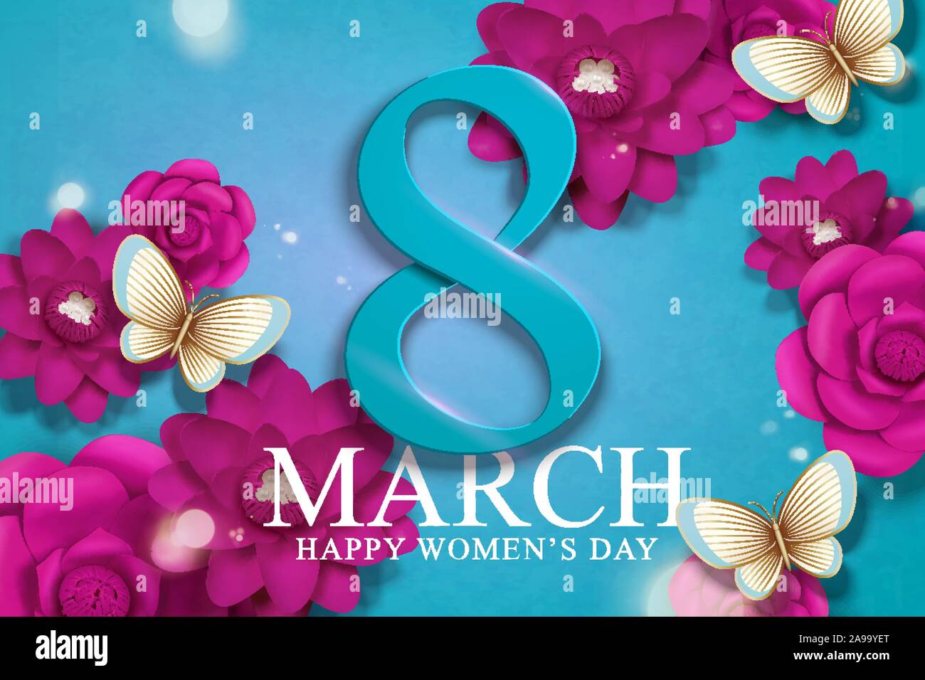 March 8 women's day with fuchsia color flowers in paper craft Stock ...