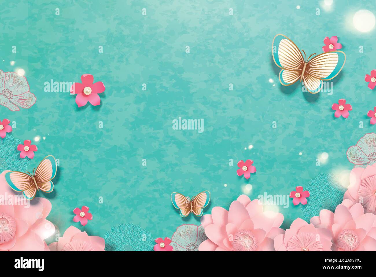 Spring paper flowers garden with butterflies on blue background Stock ...
