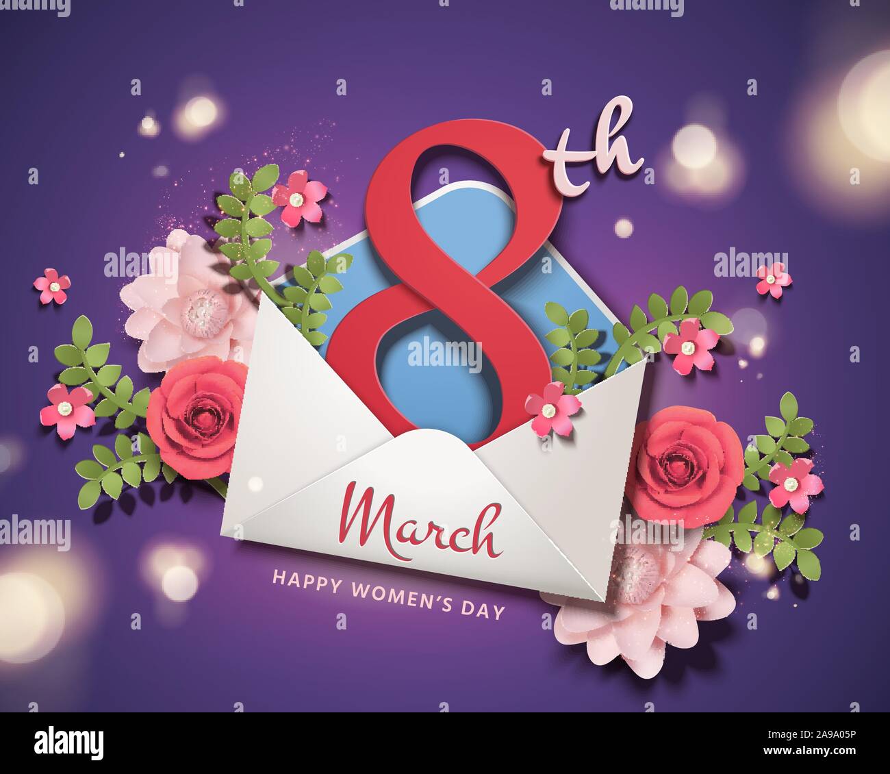 Happy women's day with number 8 jumping out of envelope and paper ...