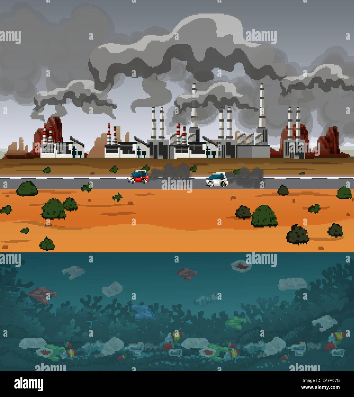 Water pollution with plastic bags in river illustration Stock Vector ...