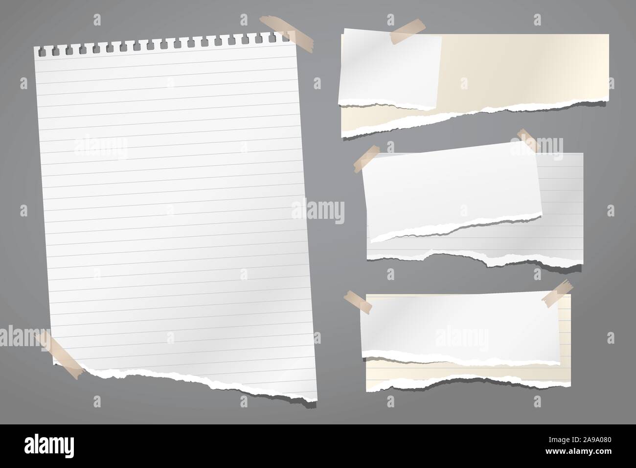 Set of torn white, yellow and lined note, notebook paper strips and ...