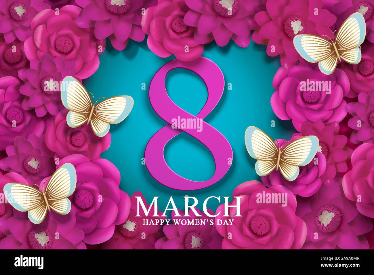 March 8 women's day with fuchsia color flowers in paper craft Stock ...