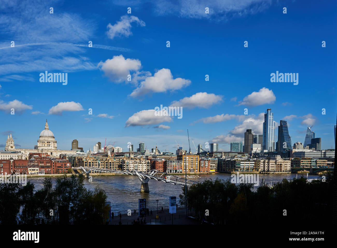 Panorama of The City of London Financial District Millennium Bridge and ...