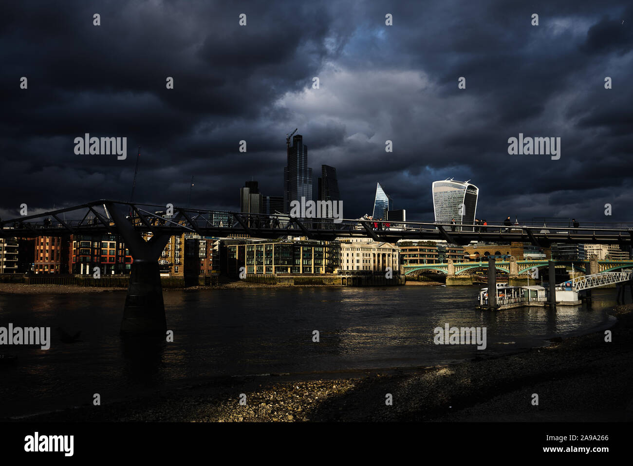 Panorama of The City of London Financial District Millennium Bridge and ...