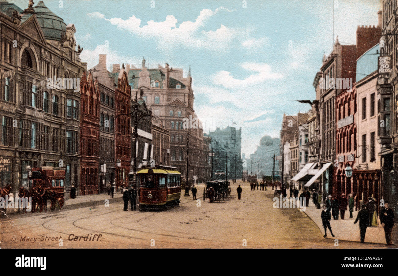 St May Street, Cardiff, Edwardian hand-tinted photographic postcard of ...
