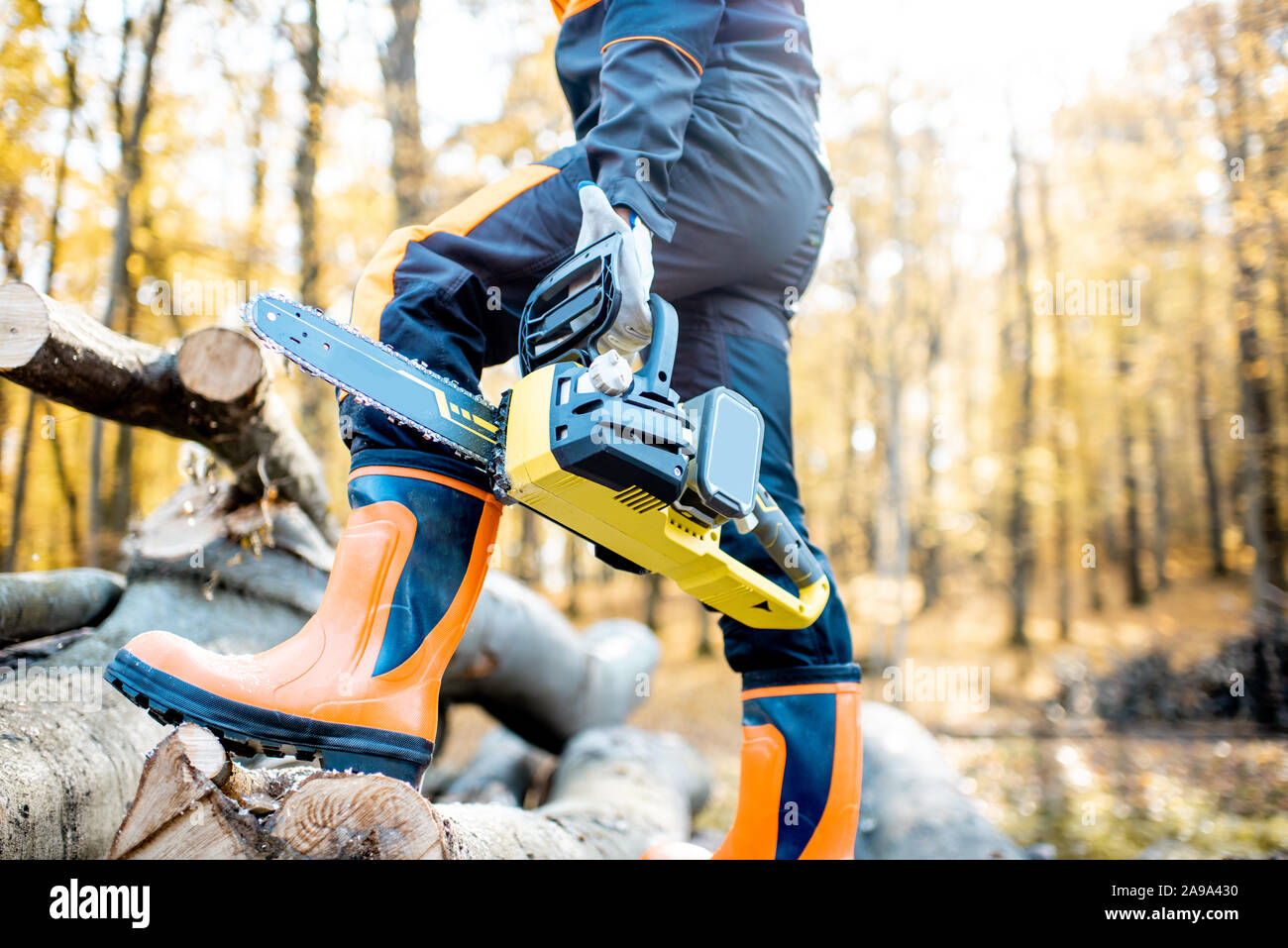 Professional lumberjack in protective workwear standing with a chainsaw ...