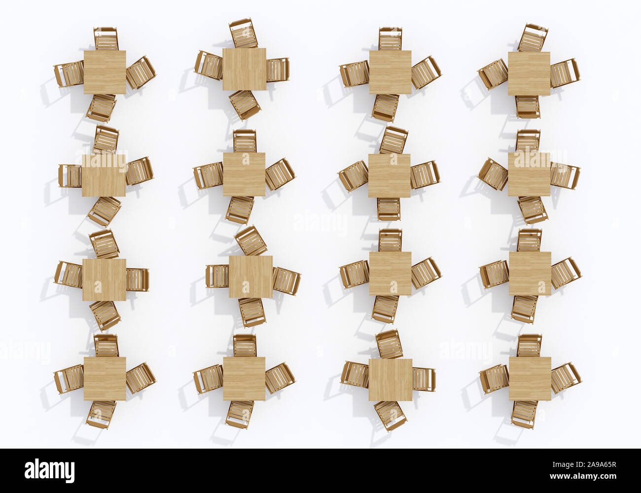 group of wooden tables with chairs top view. 3d rendering Stock Photo ...