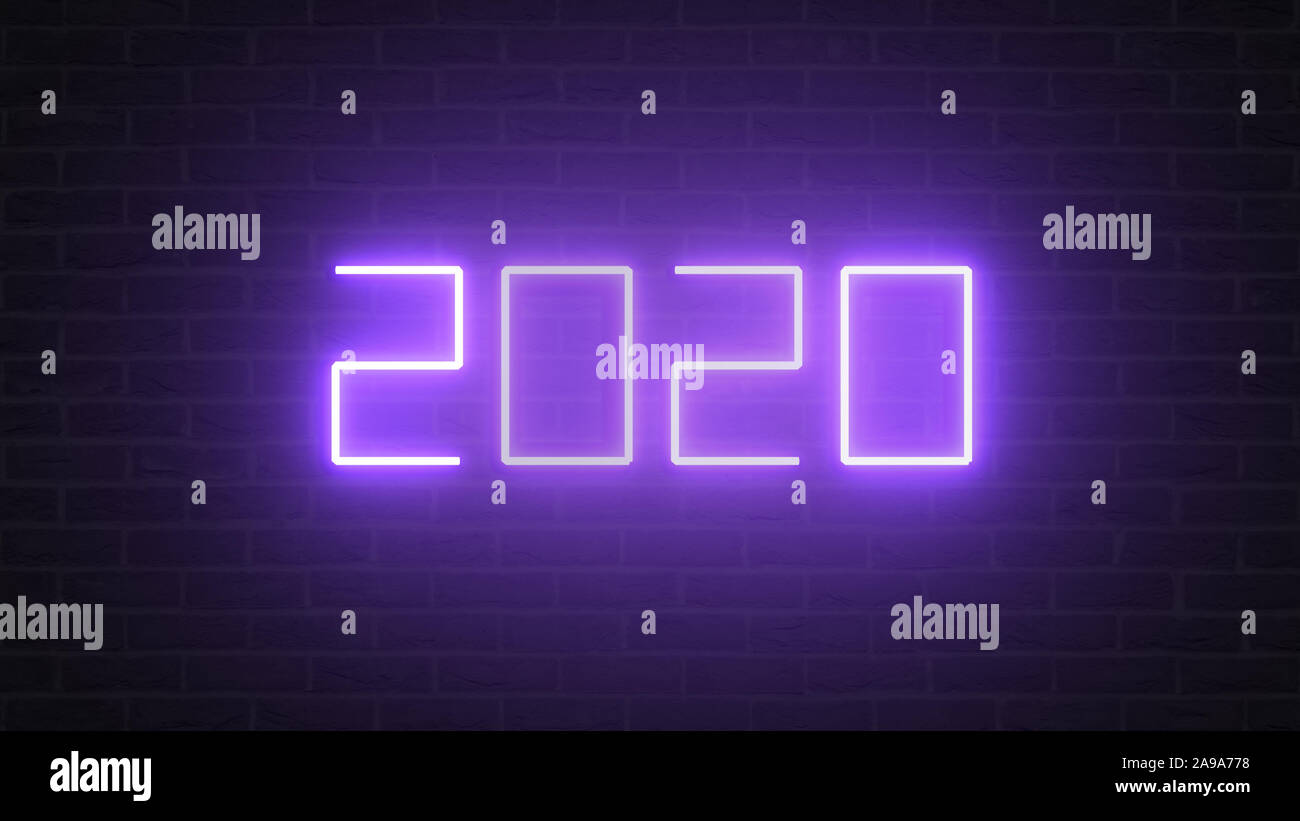 Happy New Year 2020 with flickering purple neon light on brick wall ...
