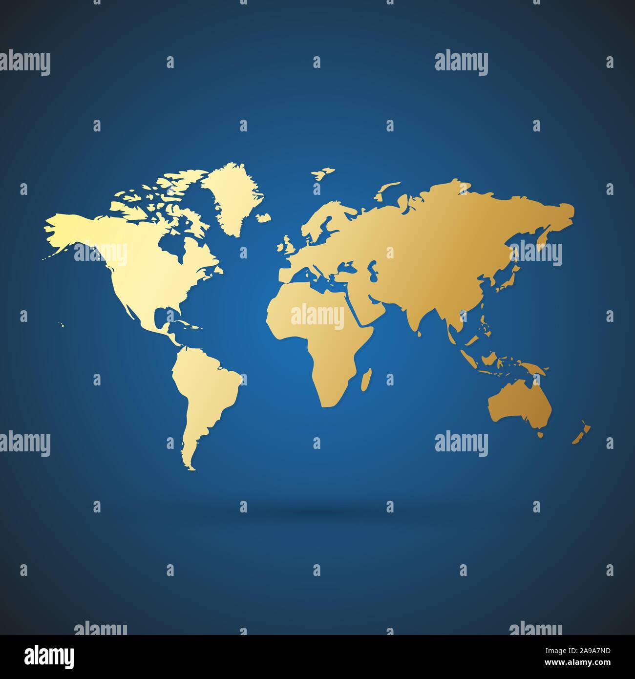 Gold World map with shadow. Vector illustration. Golden map on blue ...