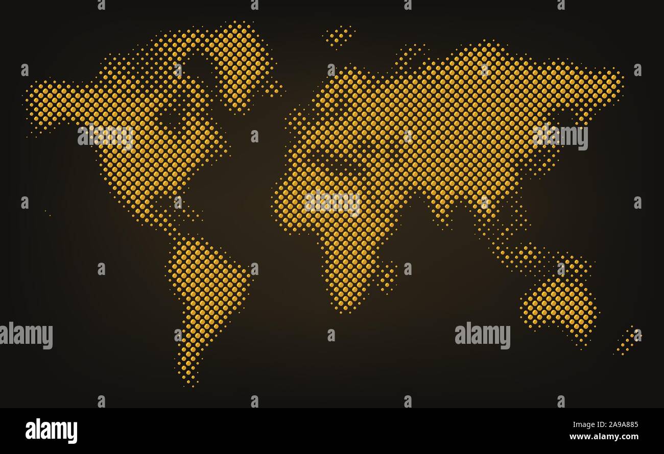 Gold halftone dotted world map. Vector illustration. Abstract Dotted ... Gold halftone dotted world map. Vector illustration. Abstract Dotted ...