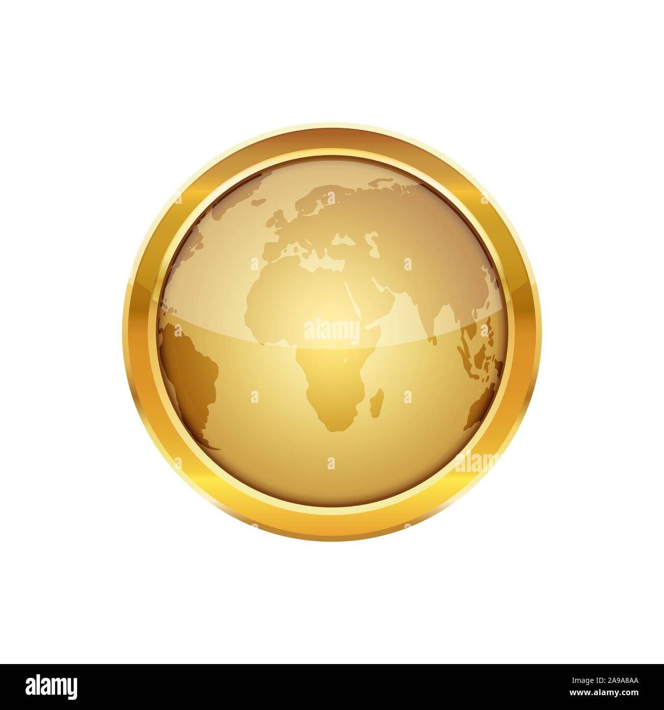 Golden glossy button with globe, isolated on white. Vector illustration ...