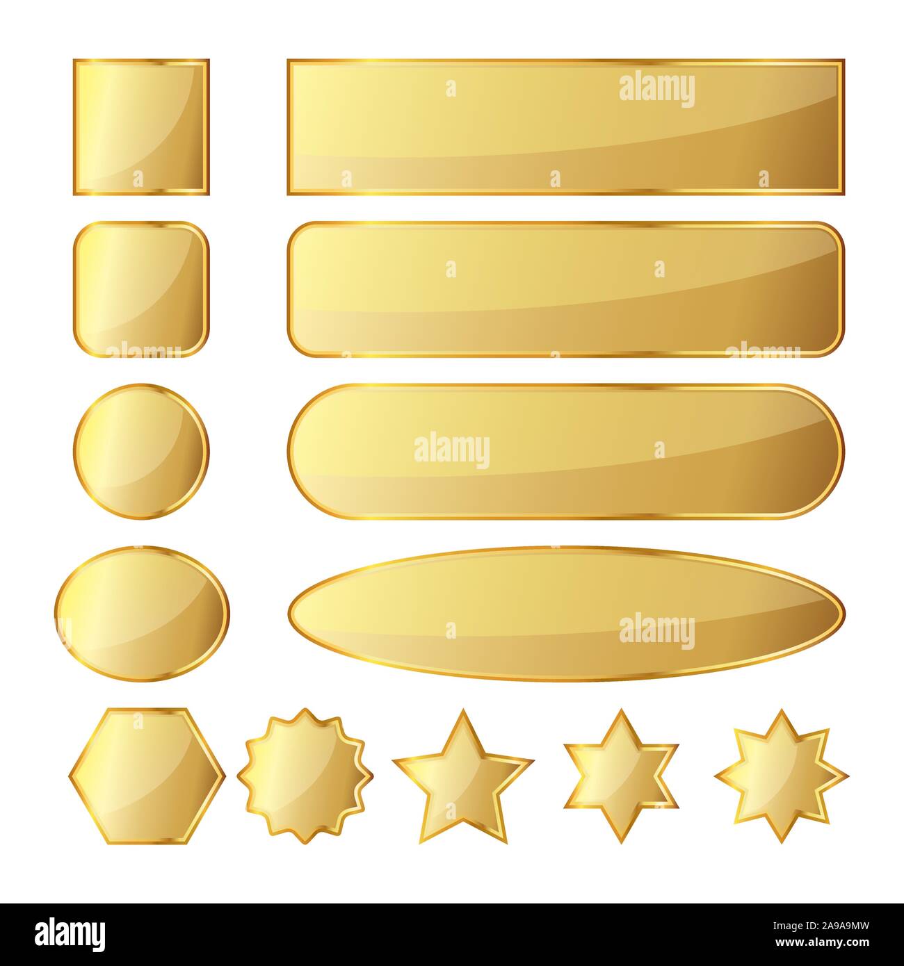 Set of 13 glossy golden buttons or banners in different shapes. Vector ...