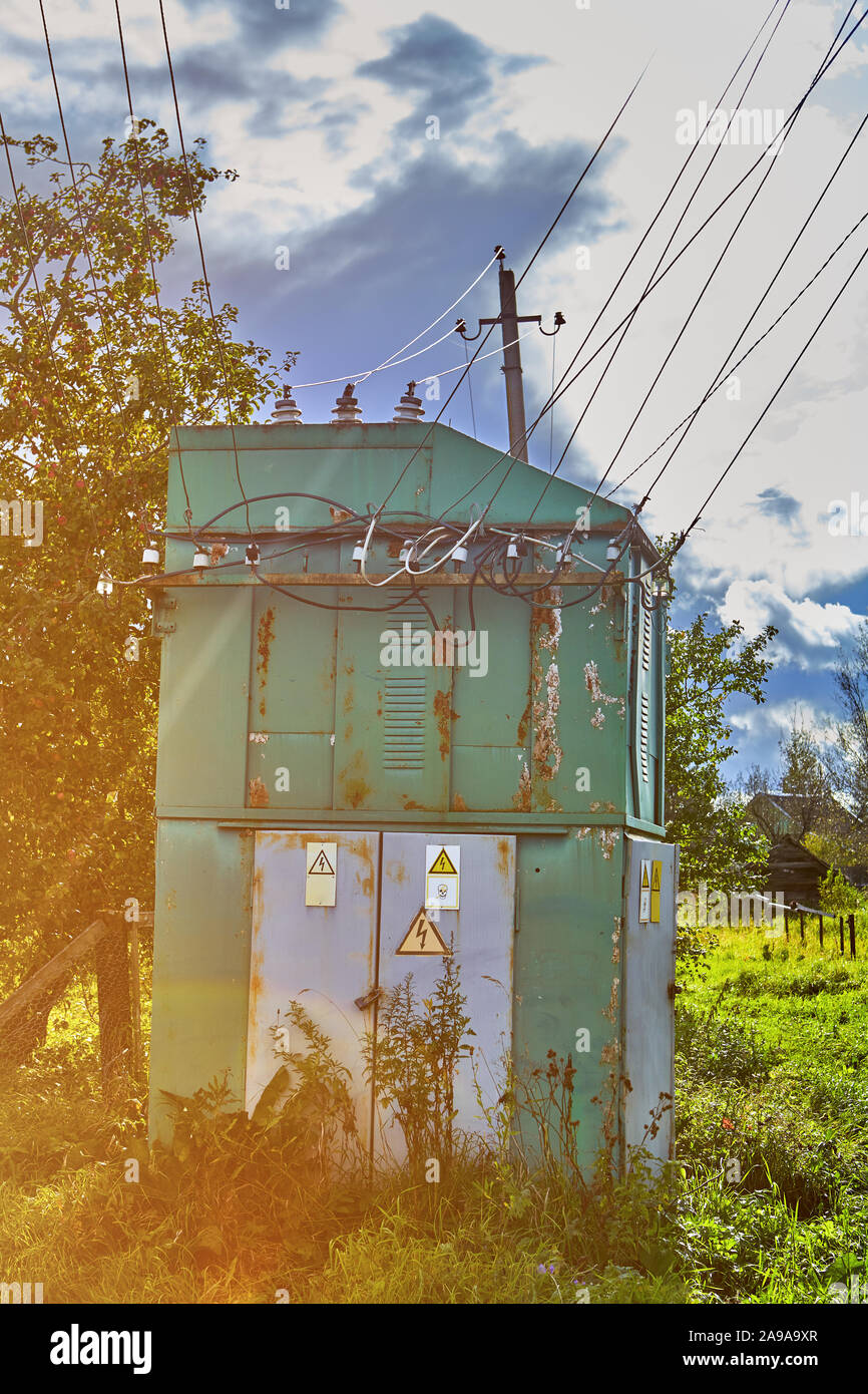 An old distribution transformer substation in the countryside, made of ...