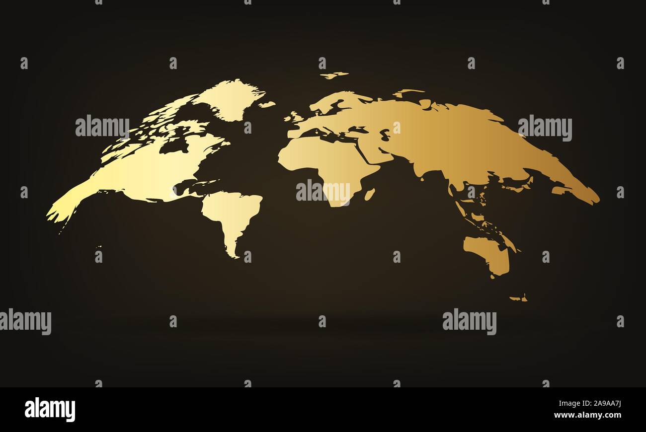 Golden world map on dark background. Vector illustration. Glossy world ...