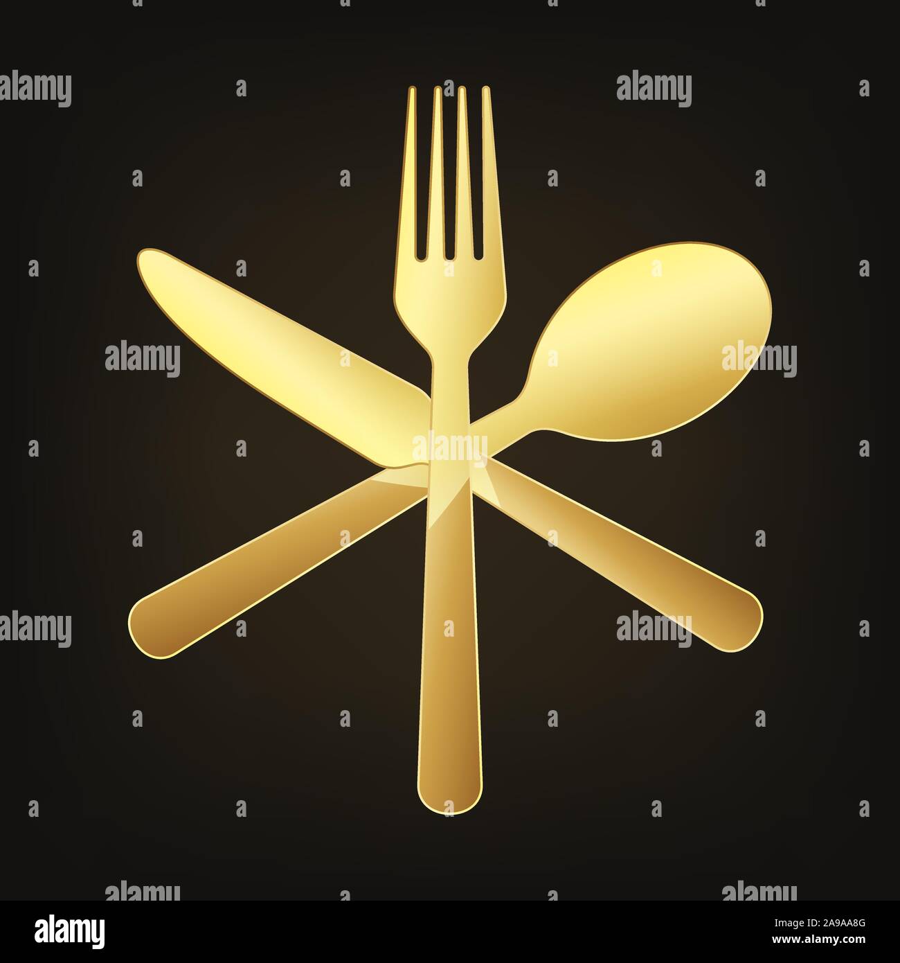 Gold crossed knife, fork and spoon. Vector illustration. Original ...