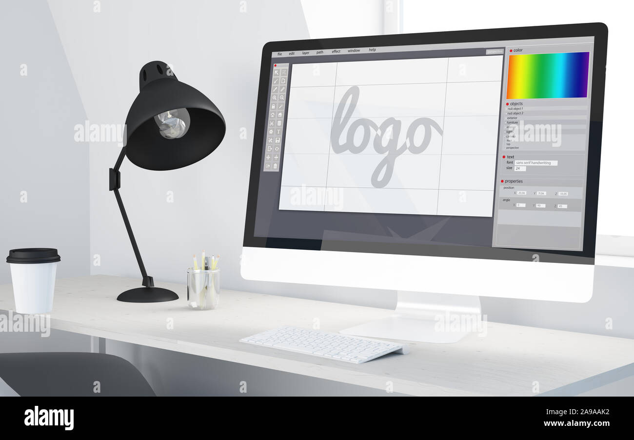minimal desktop with logo design software computer 3d rendering Stock ...