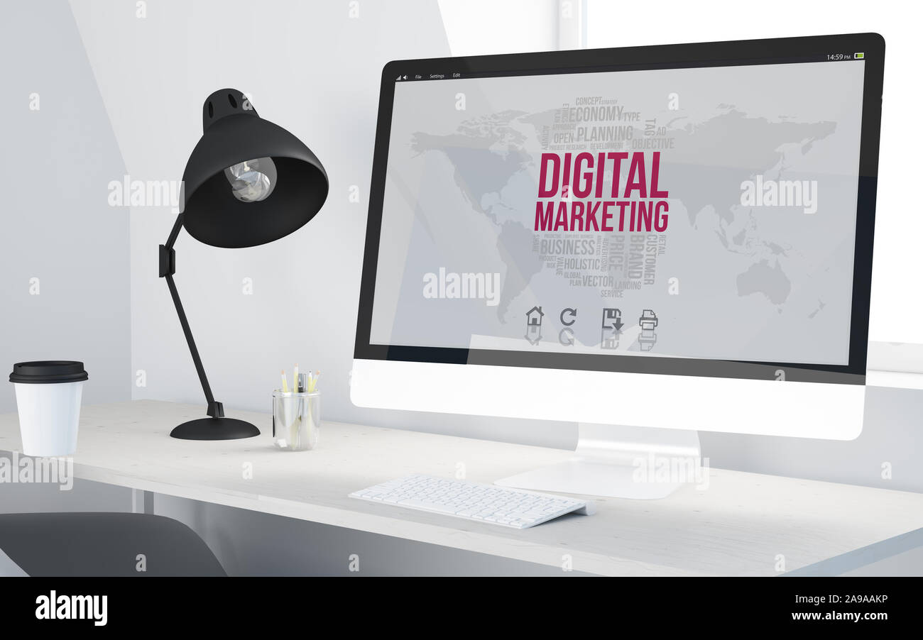 minimal desktop with digital marketing computer 3d rendering Stock ...
