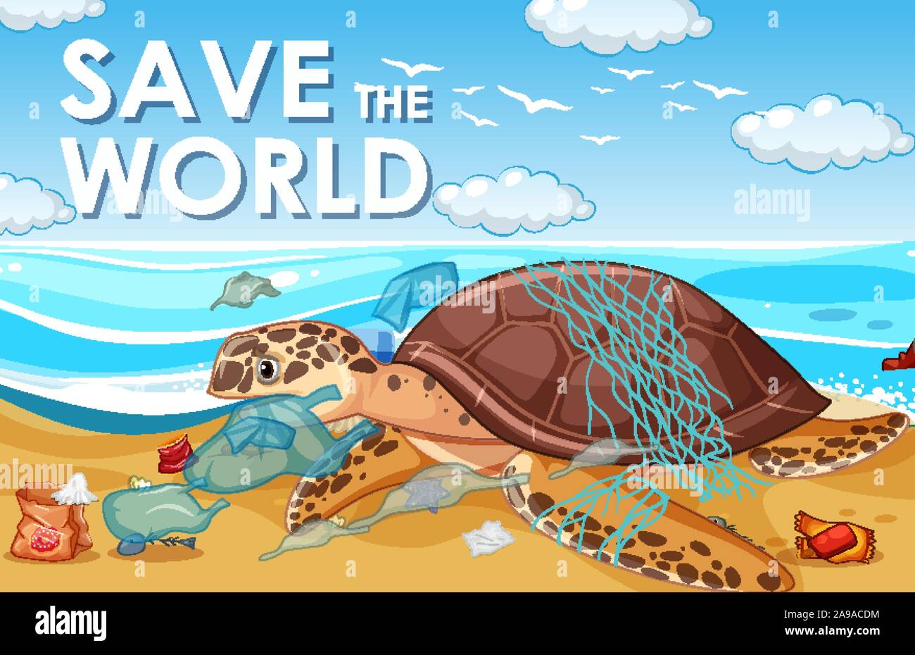 Pollution control scene with turtle and plastic on the beach ...