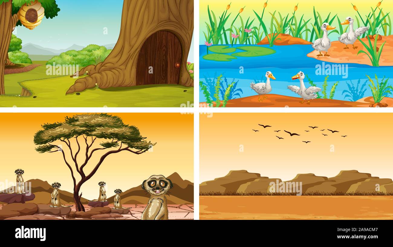 Four scenes with animals in the park illustration Stock Vector Image ...