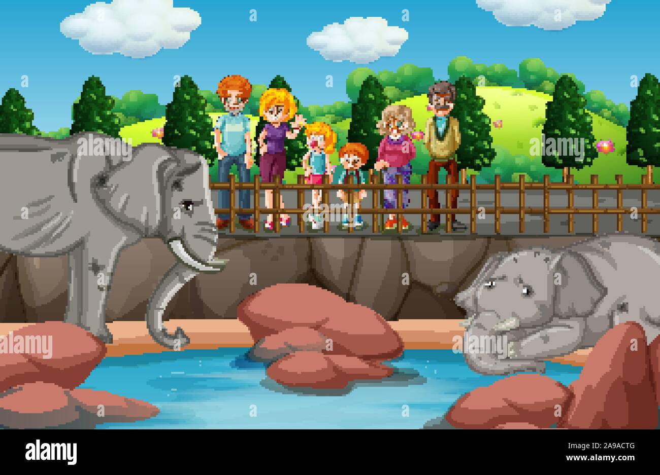 Scene with people looking at elephants at the zoo illustration Stock ...