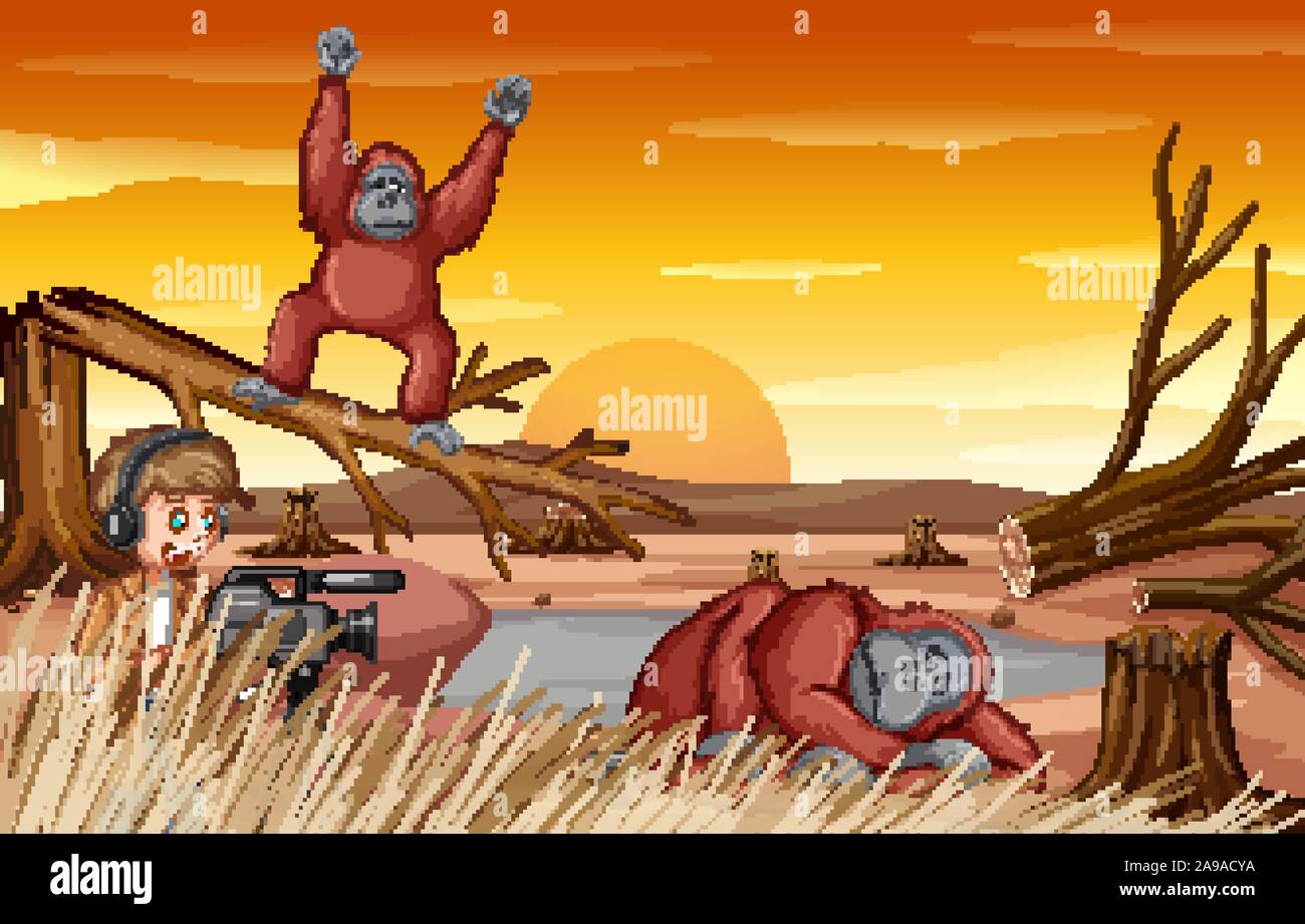 Pollution control scene with chimpanzee and deforestation illustration ...