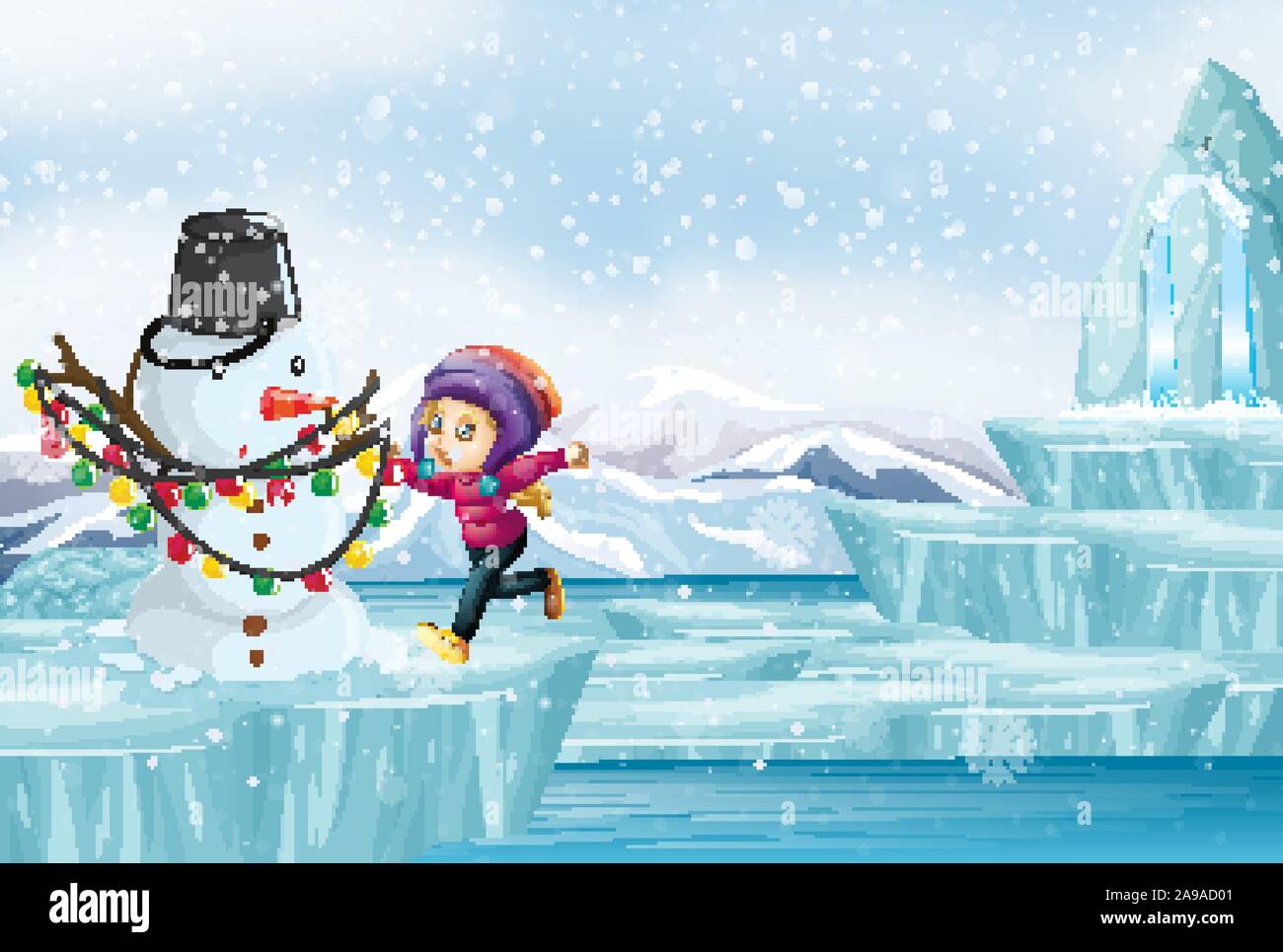 Scene with kid and snowman on ice illustration Stock Vector Image & Art ...