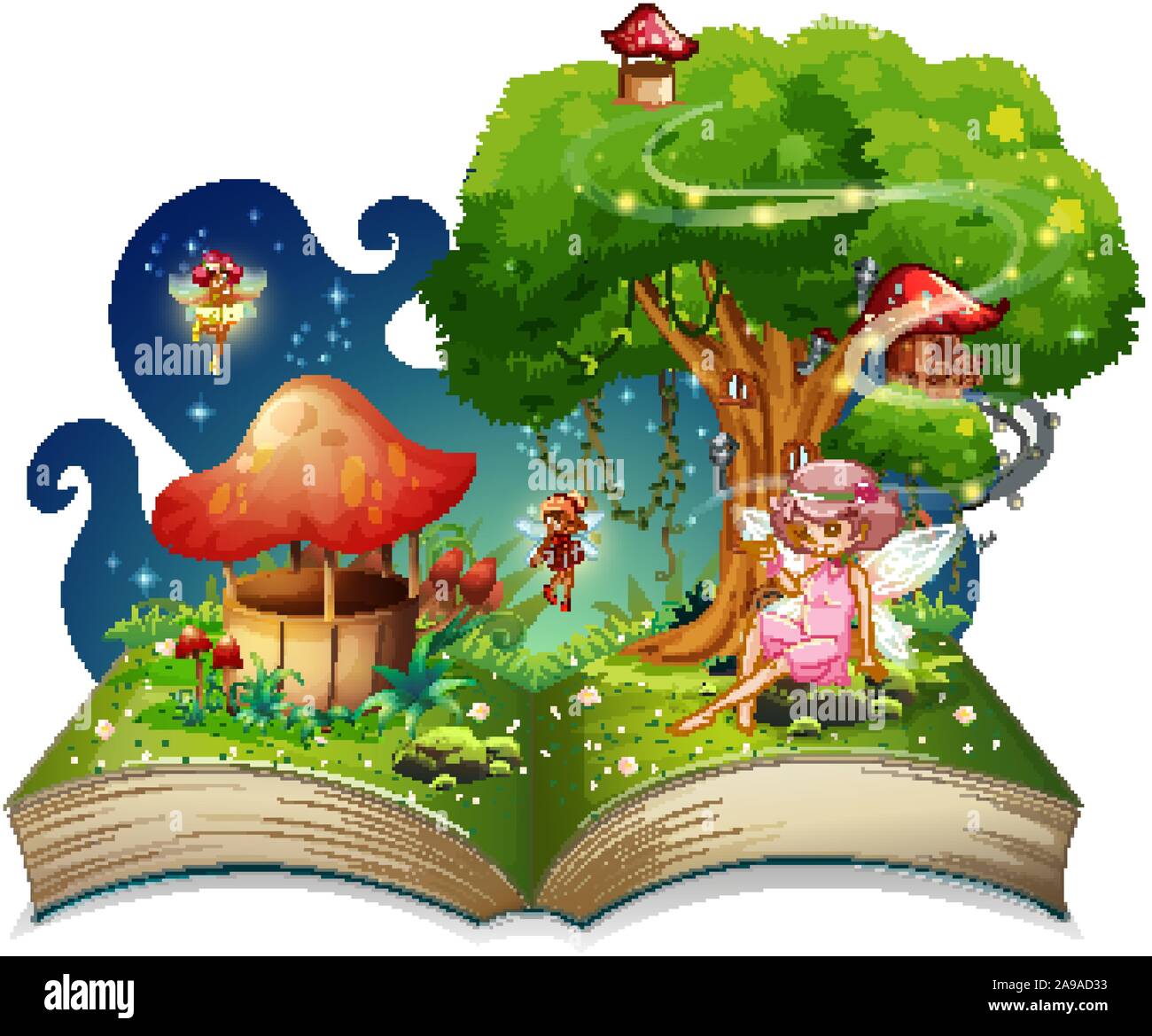 Book with fairies flying around the tree illustration Stock Vector ...