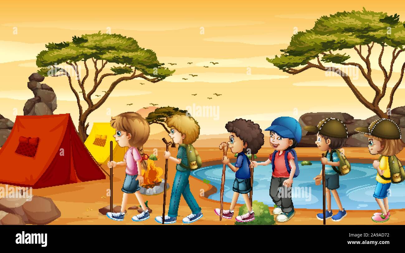 Children hiking in the mountain illustration Stock Vector Image & Art ...