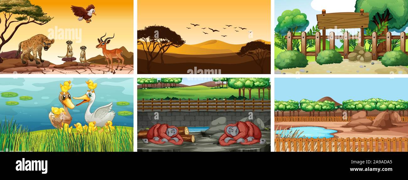 Six scenes with animals at different time illustration Stock Vector ...