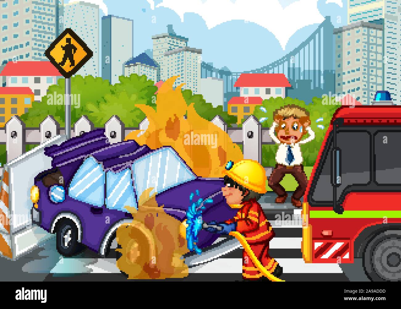 Accident scene with fireman and car on fire illustration Stock Vector ...