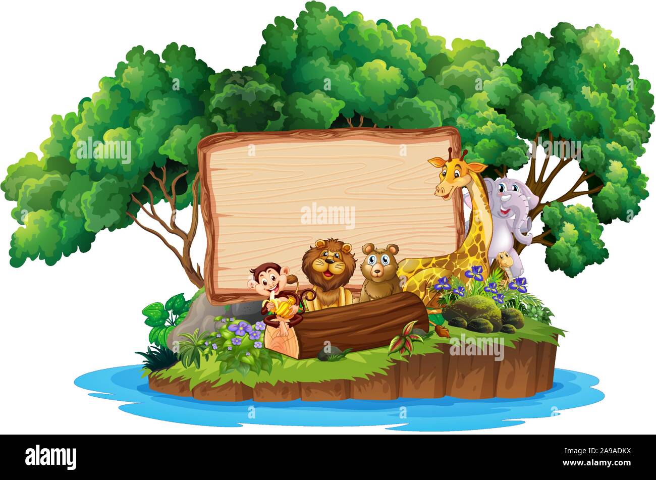 Border template design with cute animals on island illustration Stock ...