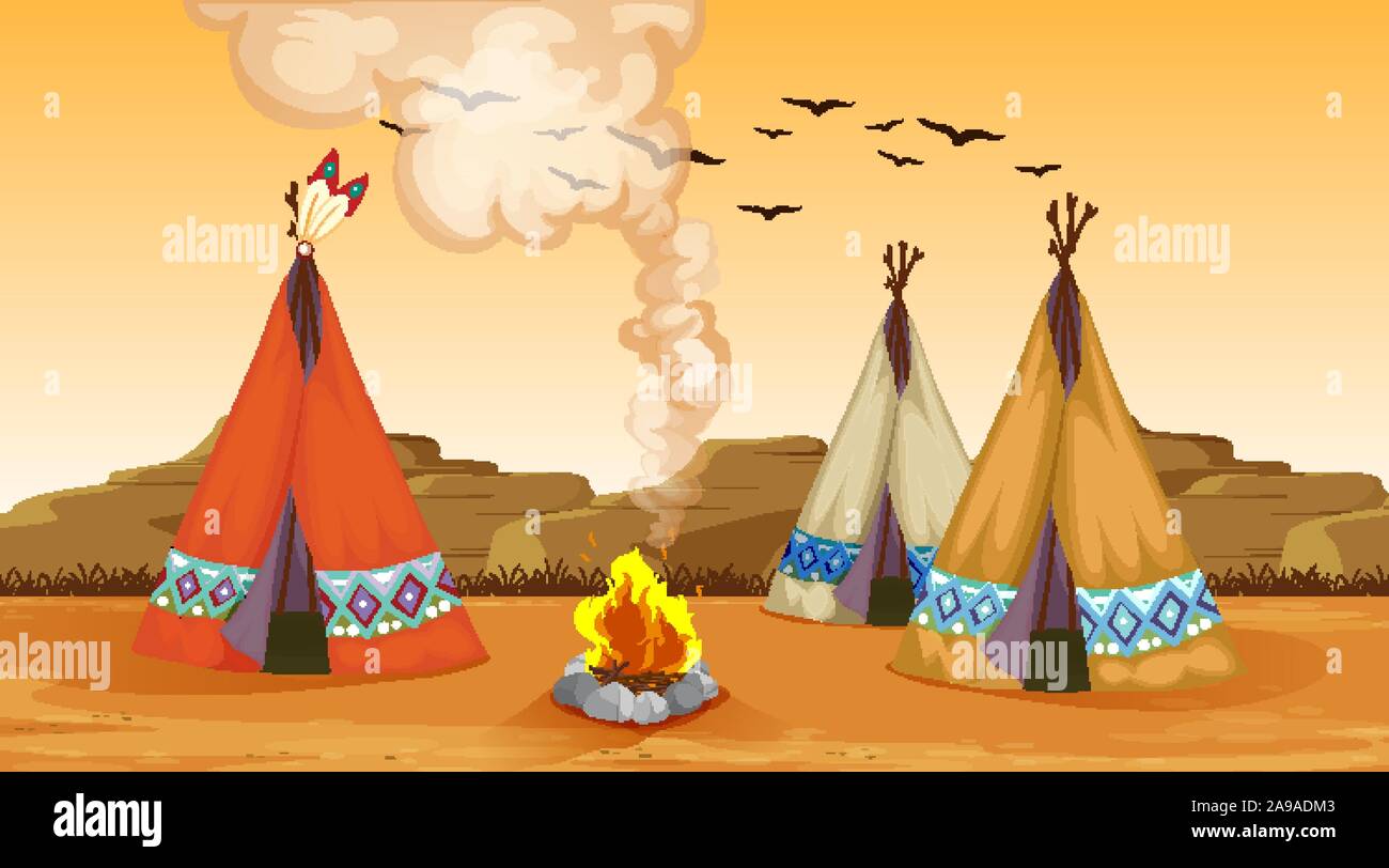 Scene with campfire and tents in the desert illustration Stock Vector ...