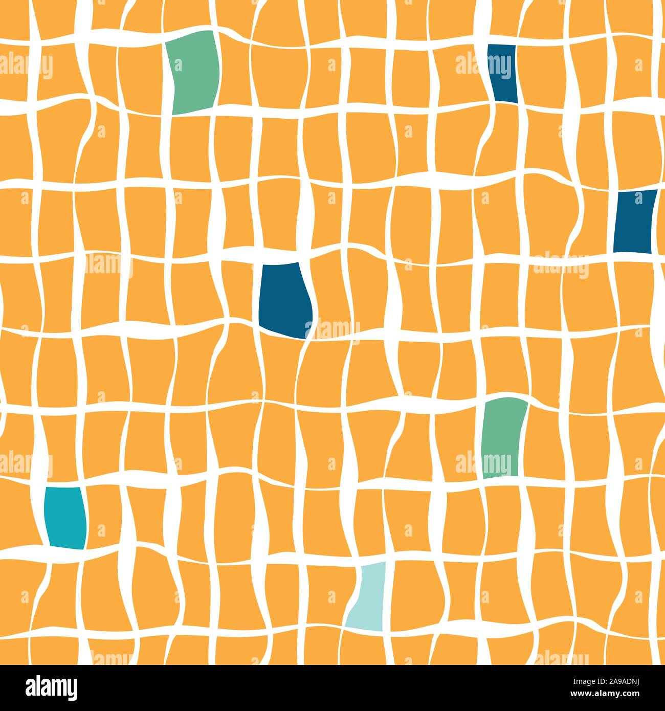 Vibrant orange hand drawn doodle line grid with scattered blue blocks ...
