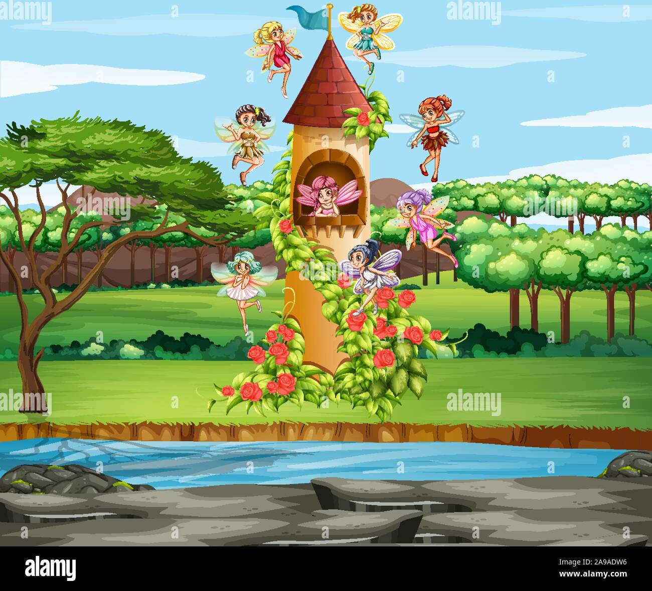Scene with fairies flying in garden illustration Stock Vector Image ...
