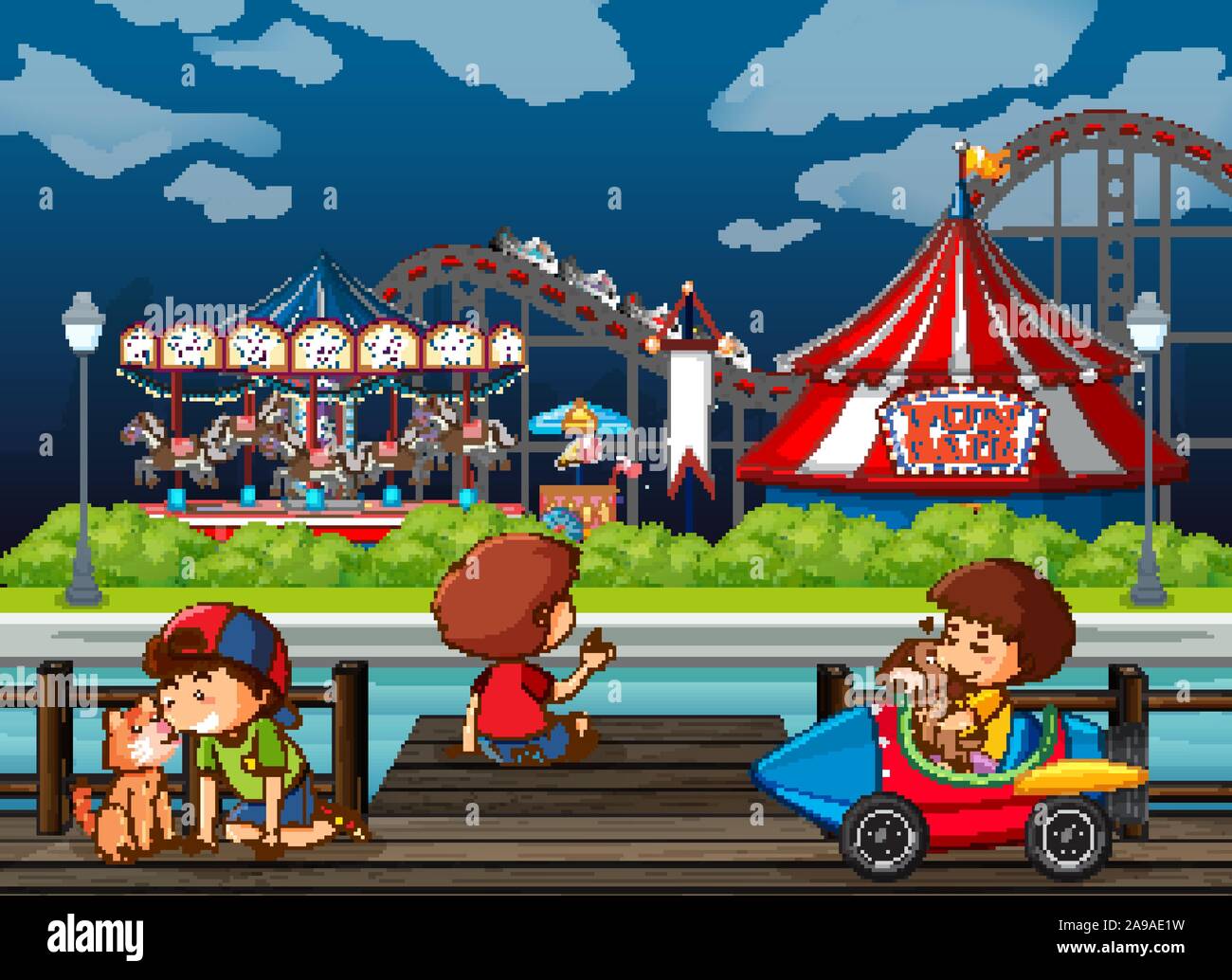 Scene background design with kids playing at funfair illustration Stock ...