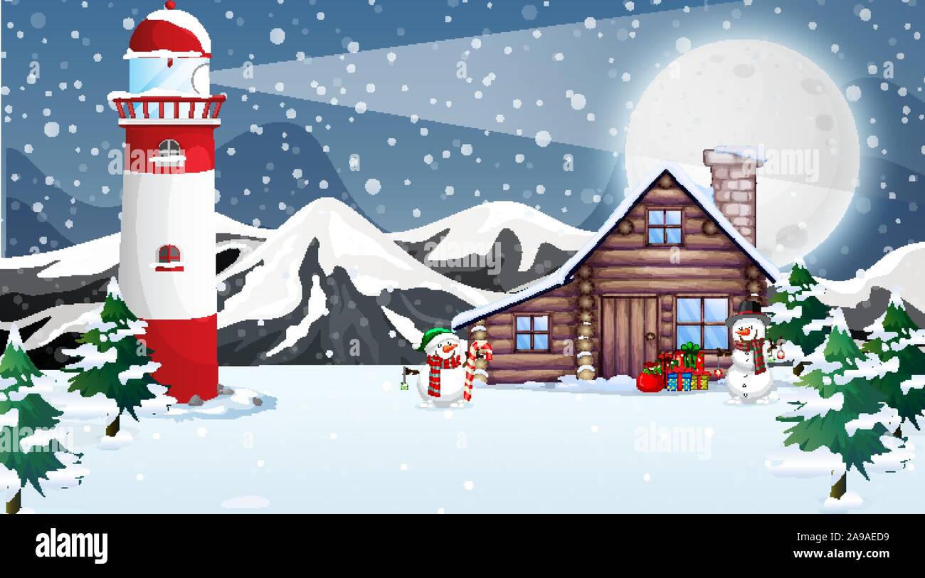 Scene with wooden house in winter illustration Stock Vector Image & Art ...