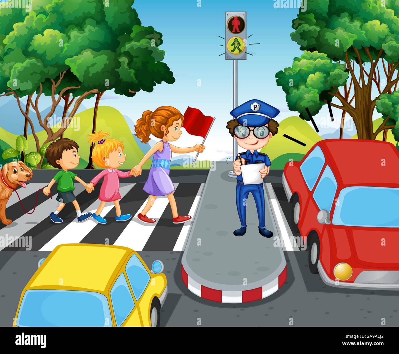 Children crossing road in the city illustration Stock Vector Image ...