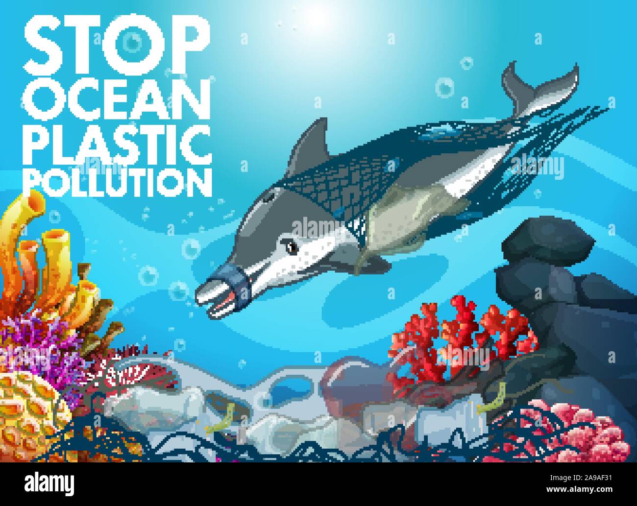 Poster design with dolphin and plastic bags in ocean illustration Stock ...