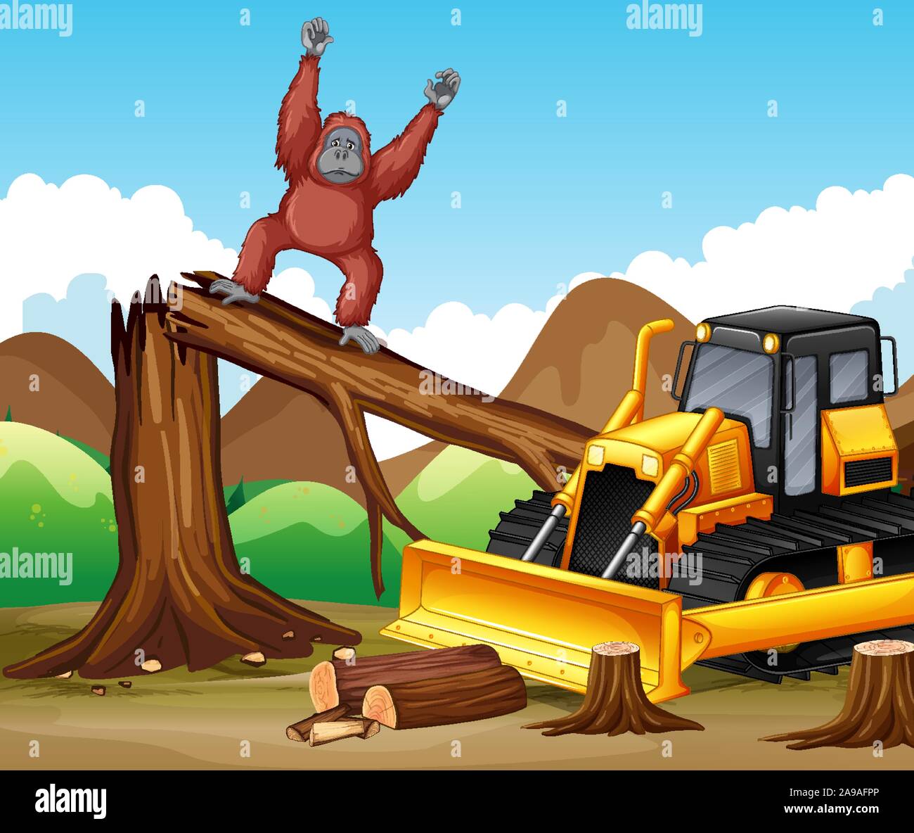 Deforestation scene with monkey and bulldozer illustration Stock Vector ...
