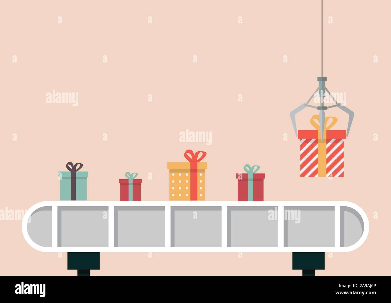 Gift boxes on belt machine with robotic claw. Vector illustation Stock ...