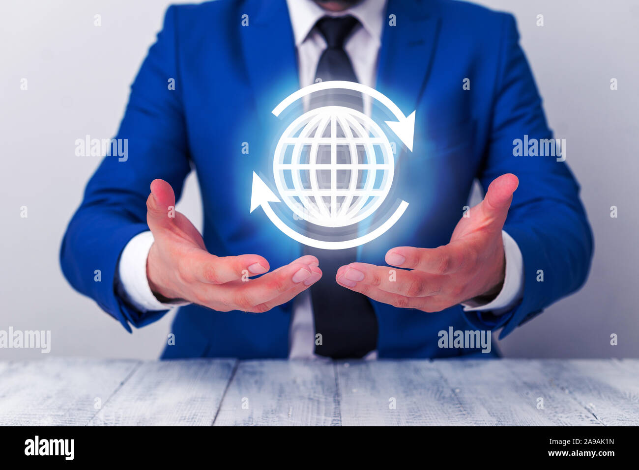 Male human wear formal work suit presenting presentation using smart ...