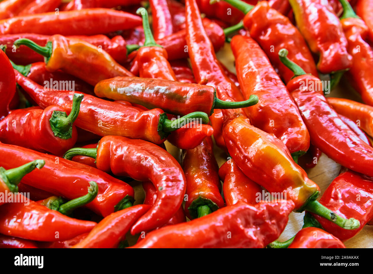 Red hot chilli peppers pattern texture background. Close up. Landscape ...