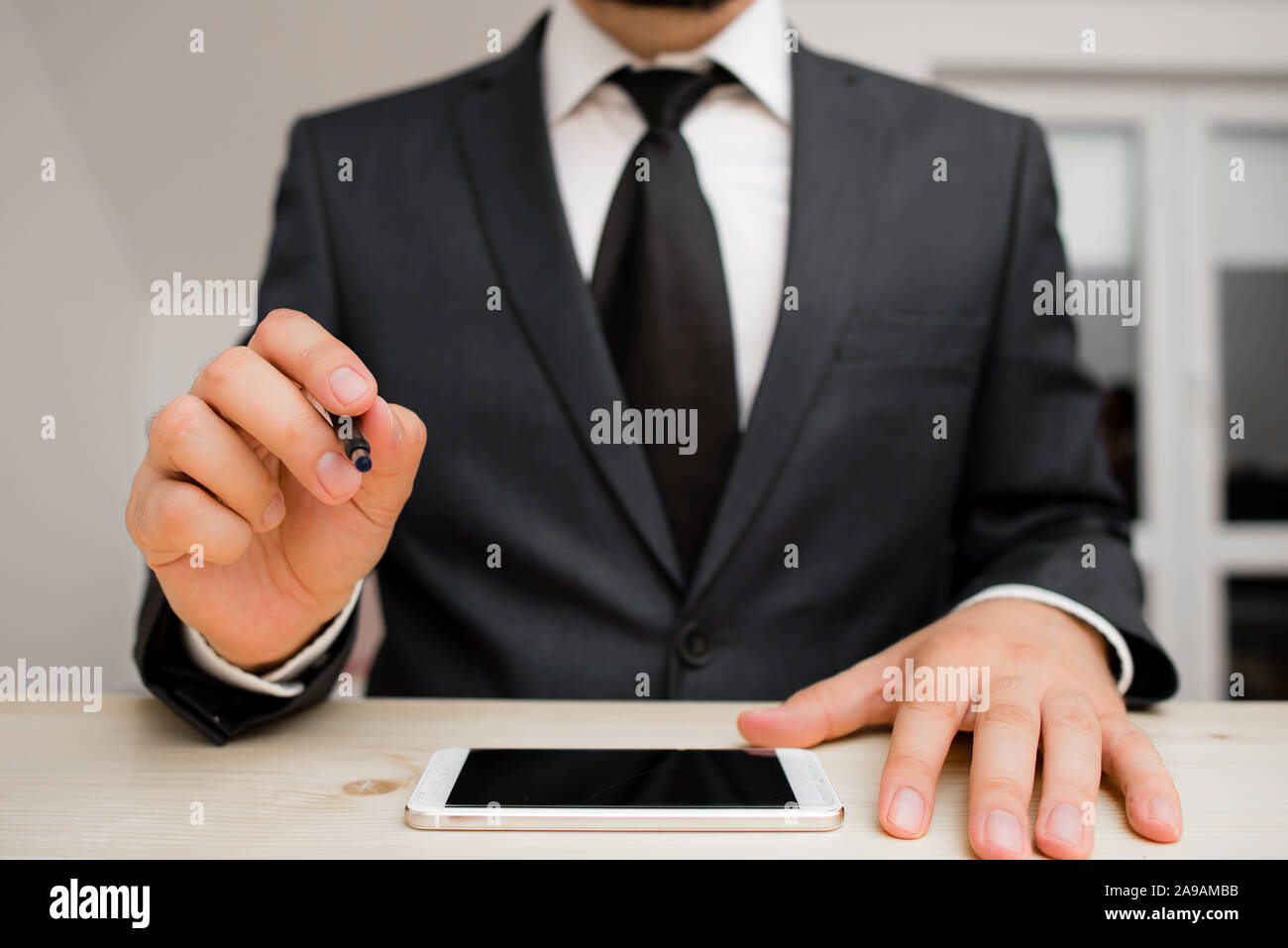 Male human wear formal clothes present presentation use hi tech ...