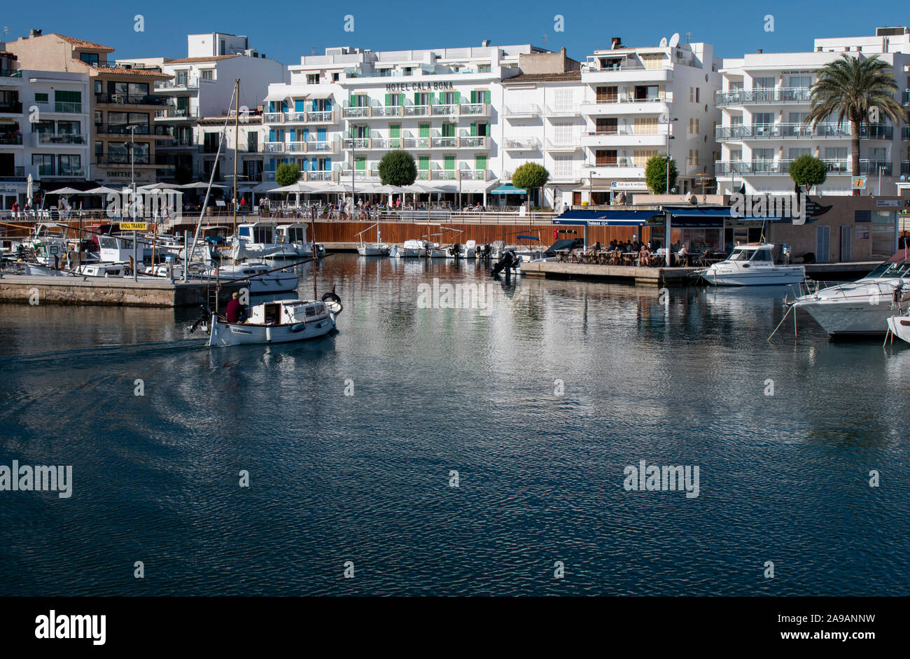 Cala Bona, Majorca, Spain, October 15, 2019, A small fishing boat ...