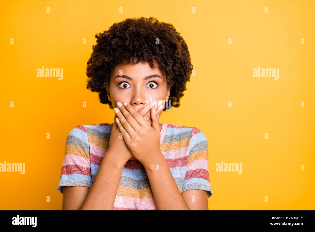 Closeup photo of beautiful dark skin lady looking eyes full fear calm ...