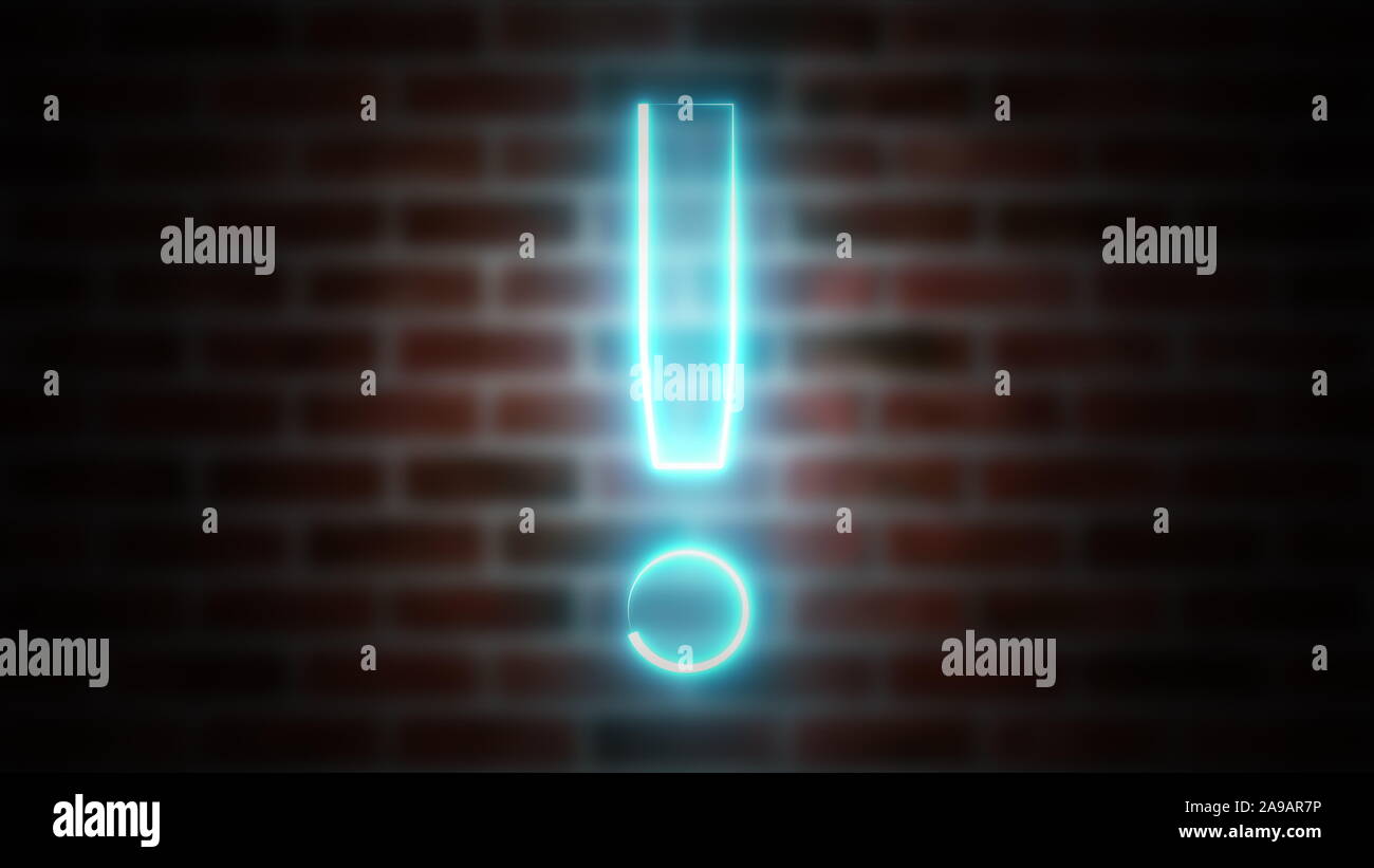 Exclamation mark neon sign on a background of brickwork, computer ...